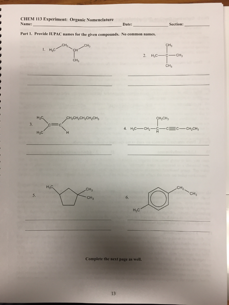 Solved CHEM 113 Experiment: Organic Nomenclature Name: Date: | Chegg.com