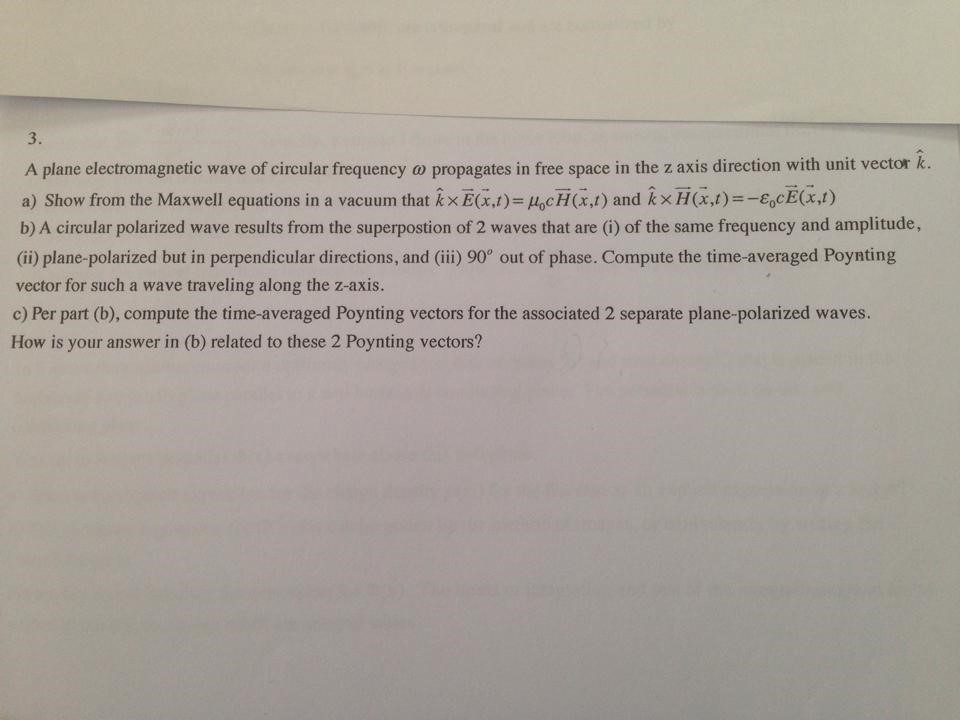Solved A plane electromagnetic wave of circular frequency | Chegg.com