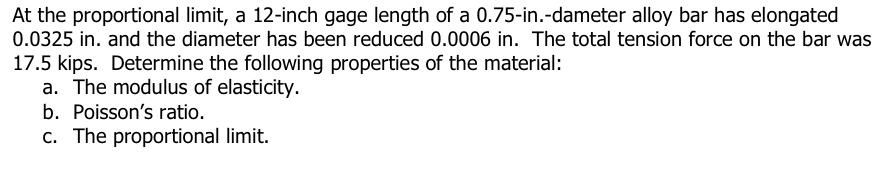 Solved At the proportional limit, a 12-inch gage length of a | Chegg.com