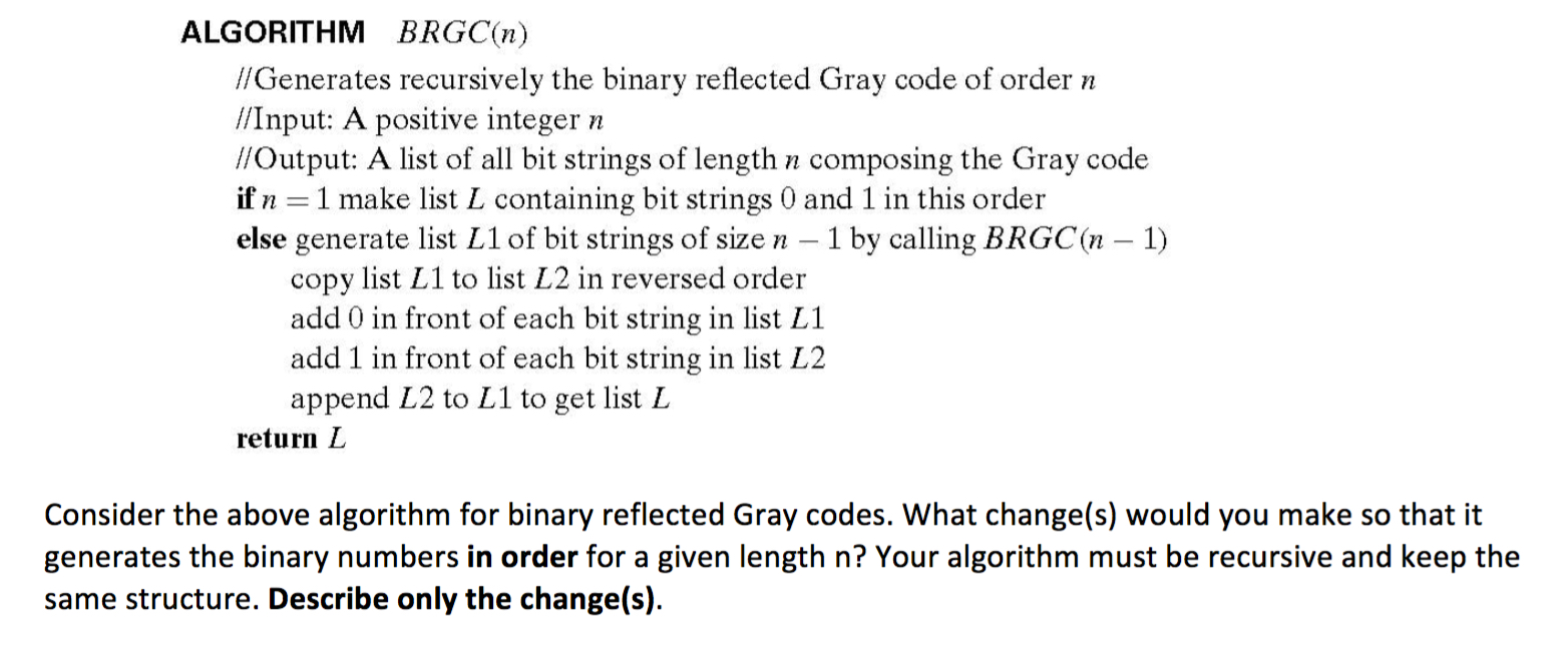 ALGORITHM BRGC(n) Generates recursively the binary | Chegg.com