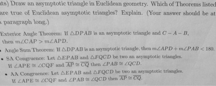 Draw an asymptotic triangle in Euclidean geometry. | Chegg.com