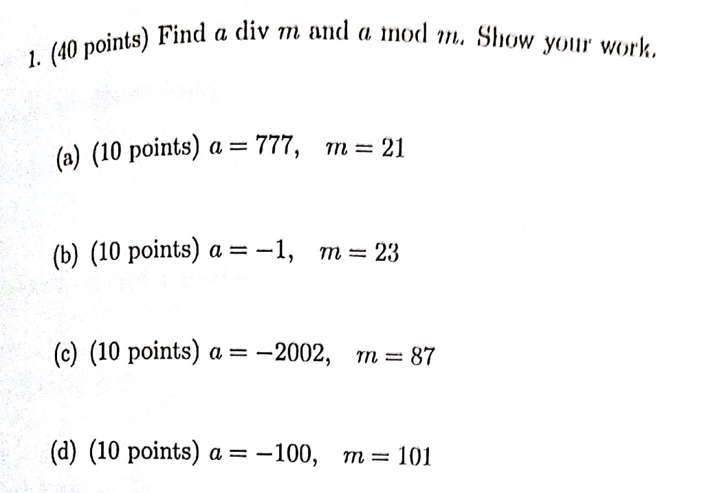 Solved pints) Find a div m and a mod m. Show your wrk (a) | Chegg.com