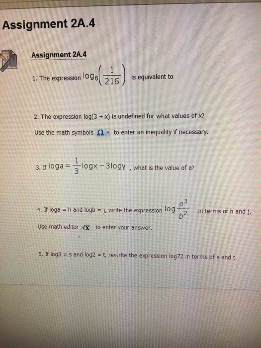 Solved The expression log_6(1/216) is equivalent to The | Chegg.com