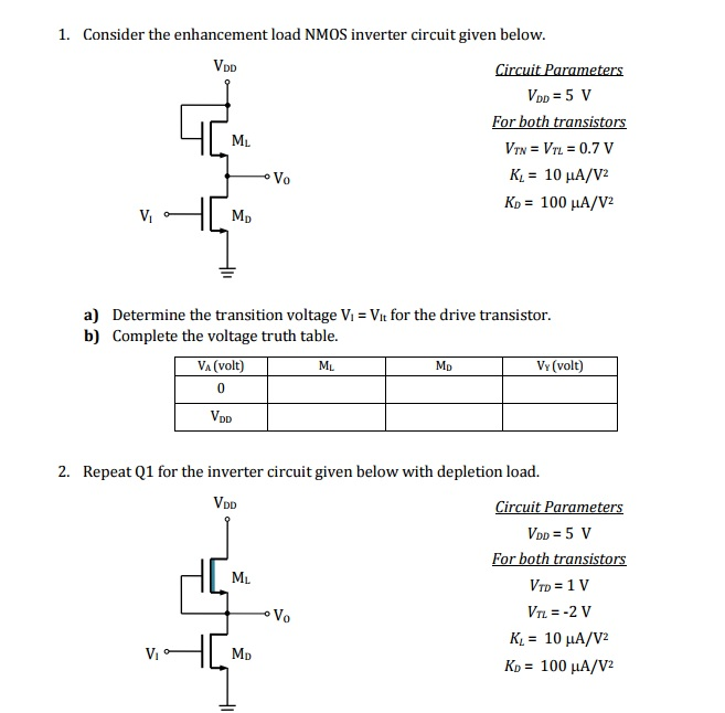 Solved Consider the enhancement load NMOS inverter circuit | Chegg.com