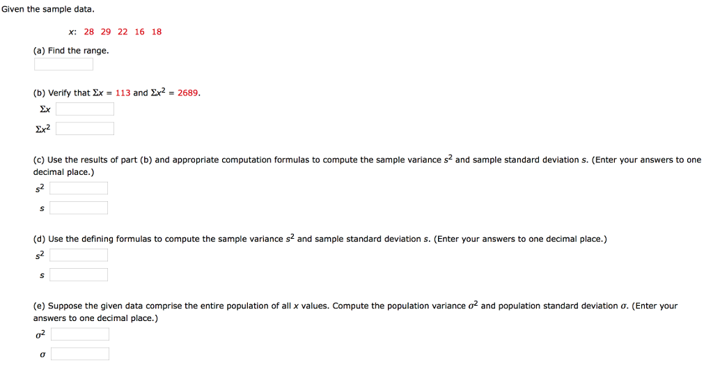 Solved Given the sample data x: 28 29 22 16 18 (a) Find | Chegg.com