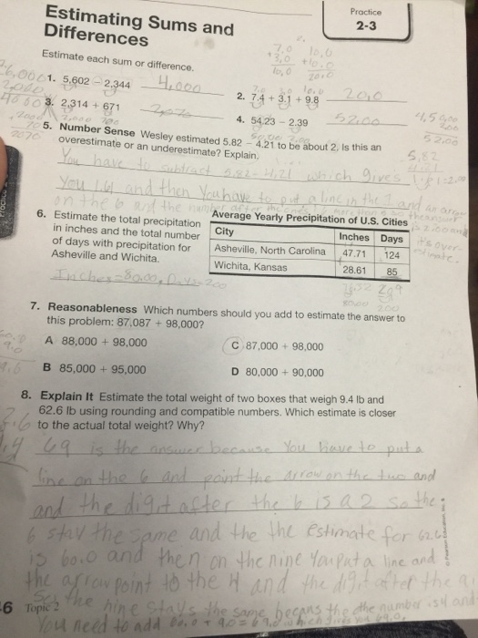 Solved Practice Estimating Sums and 2-3 Differences 7.0 1o, | Chegg.com