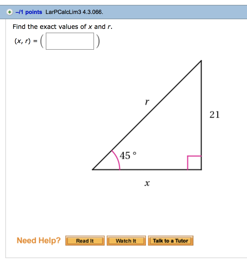 Solved Find the exact values of x and r. (x, r) = () | Chegg.com