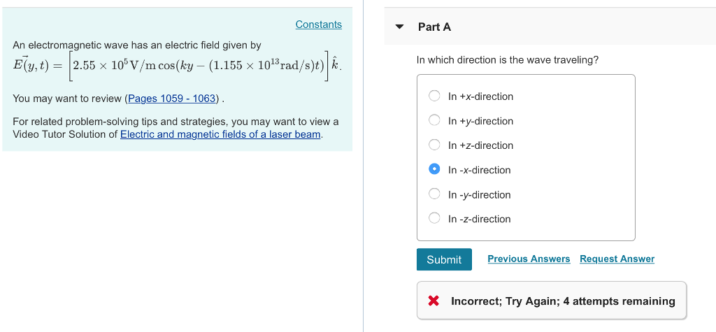 Solved Constants Part A An electromagnetic wave has an | Chegg.com
