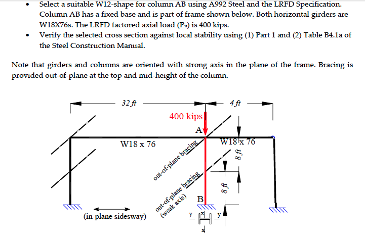 Solved Select a suitable W12-shape for column AB using A992 | Chegg.com