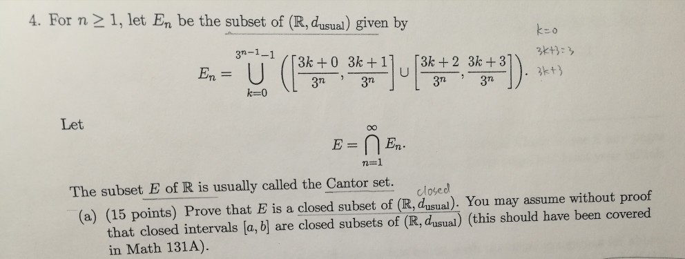 Solved 4. For n 2 1, let En be the subset of (R, dusual) | Chegg.com