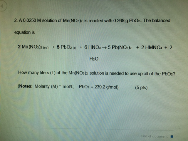 Solved 2. A 0.0250 M solution of Mn(N03)2 is reacted with | Chegg.com