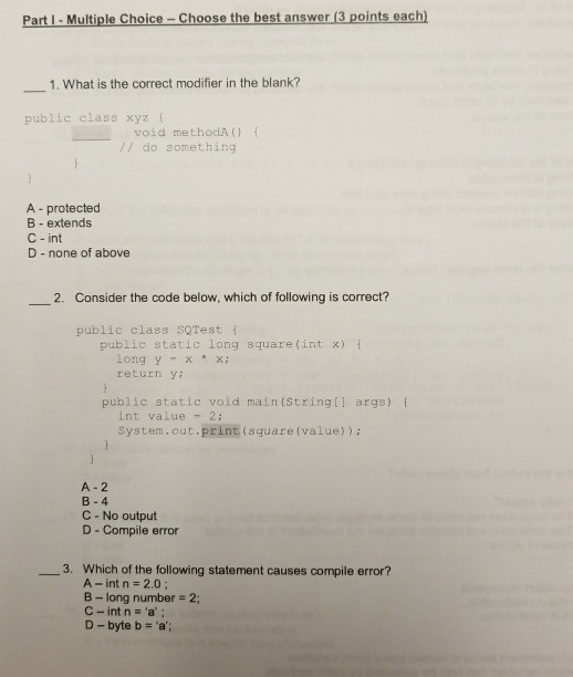 Solved Part I- Multiple Choice-Choose the best answer (3 | Chegg.com