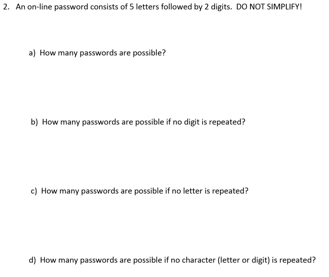 Solved An on-line password consists of 5 letters followed by | Chegg.com