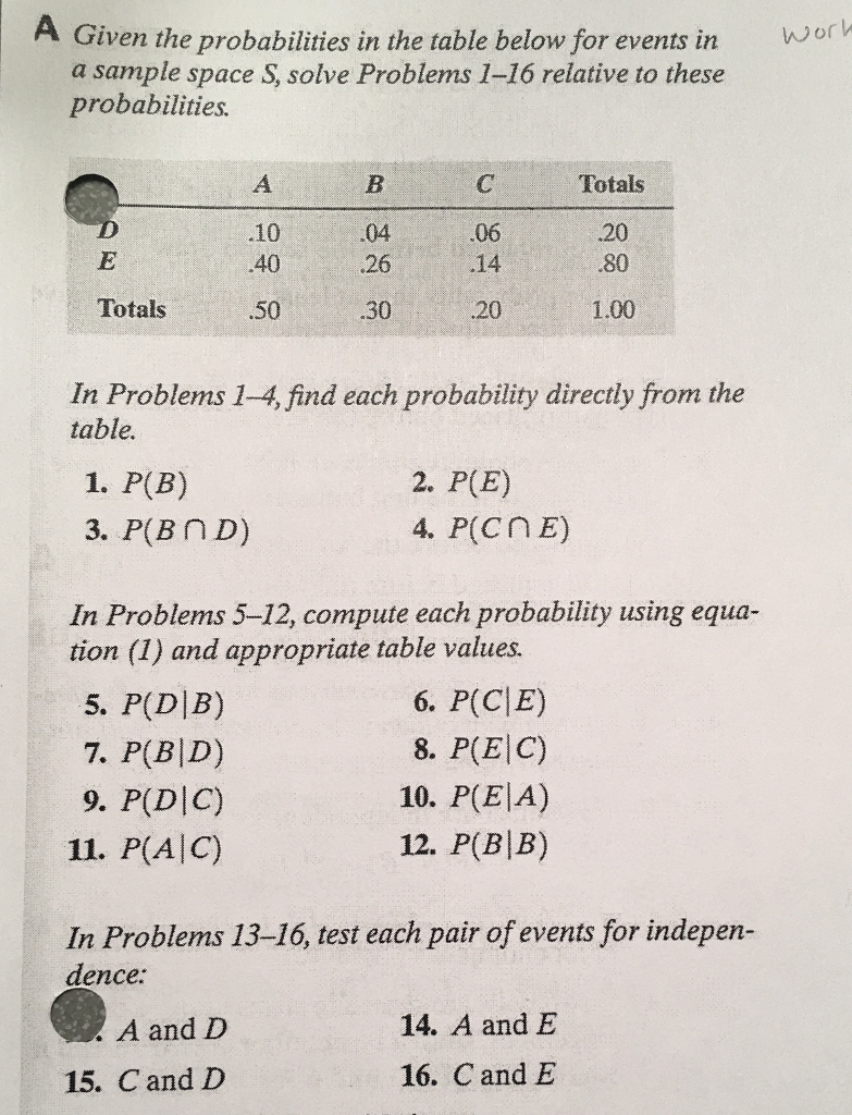 Solved A Given the probabilities in the table below for | Chegg.com