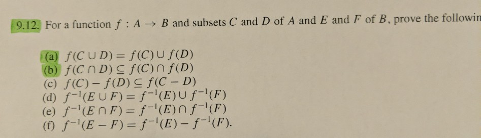 Solved 9.12 For a function f : A B and subsets C and D of A | Chegg.com