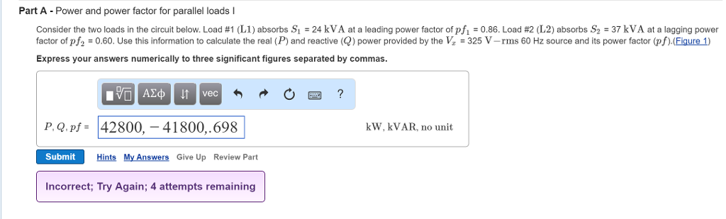Solved Part A Power and power factor for parallel loads l | Chegg.com
