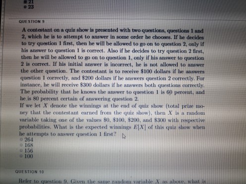 Solved 21 23 QUESTION 9 A contestant on a quiz show is | Chegg.com