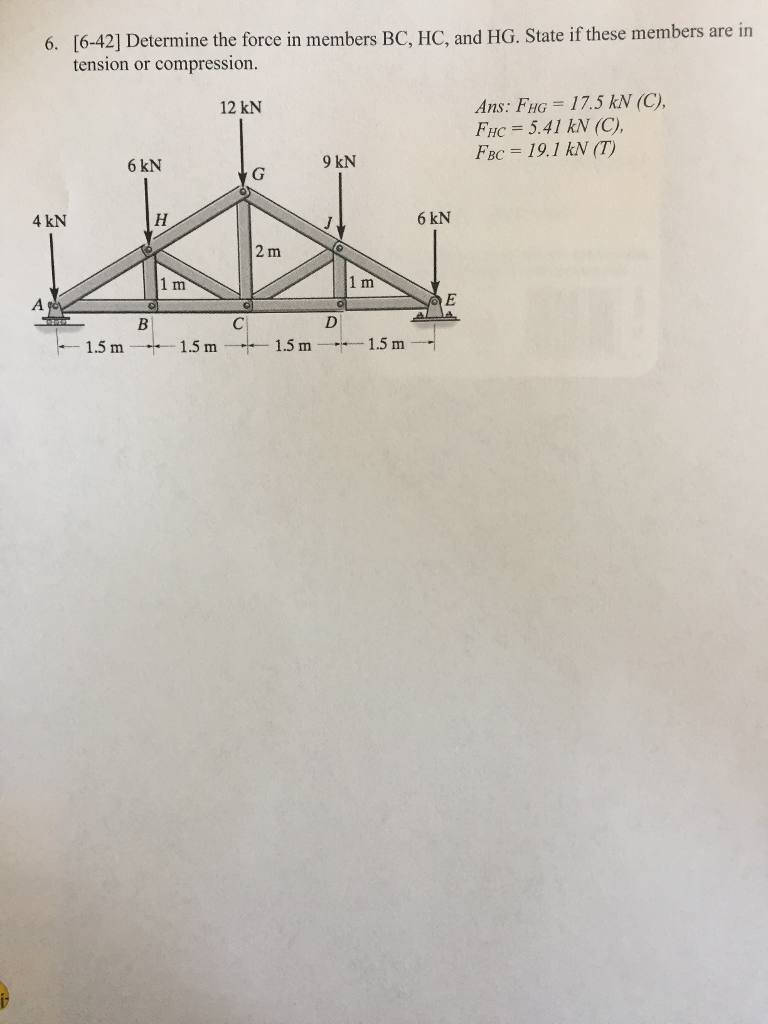 [6-42] Determine the force in members BC, HC, and HG. | Chegg.com