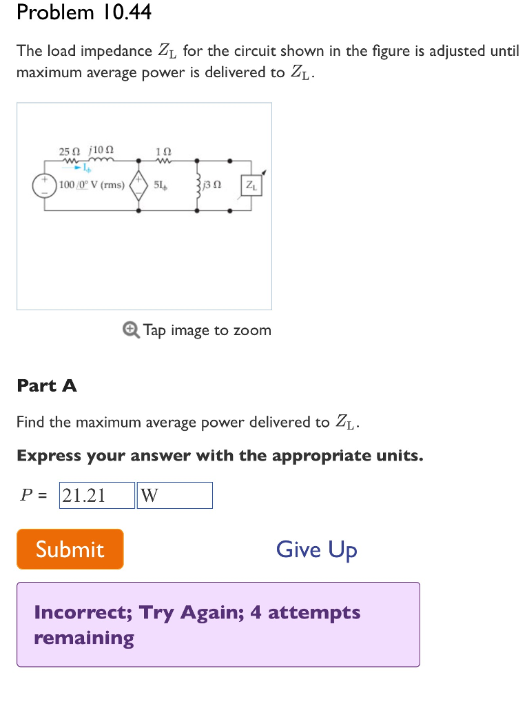 Solved Problem 10.44 The load impedance ZL for the circuit | Chegg.com