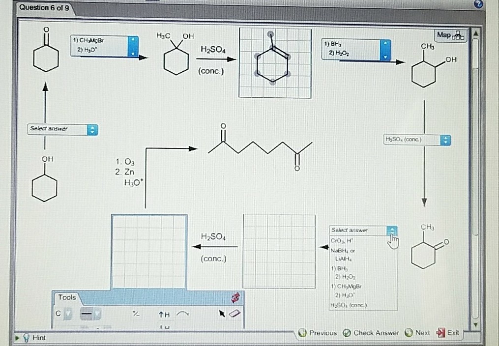 Solved Question 6 of 9 Map H3C OH BH CH3 1 CHMgBr 2) Hso OH | Chegg.com