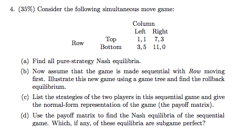 Solved Consider the following simultaneous move game: Find | Chegg.com