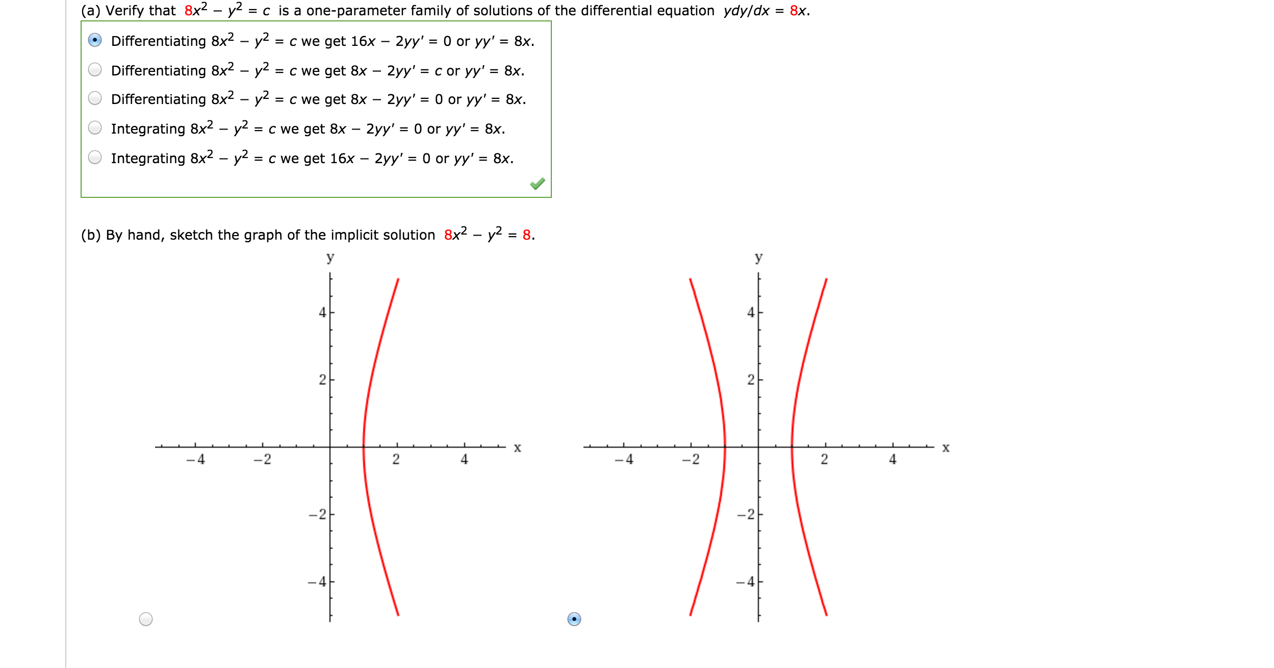 Solved (a) Verify that 8x2- y2- c is a one-parameter family | Chegg.com