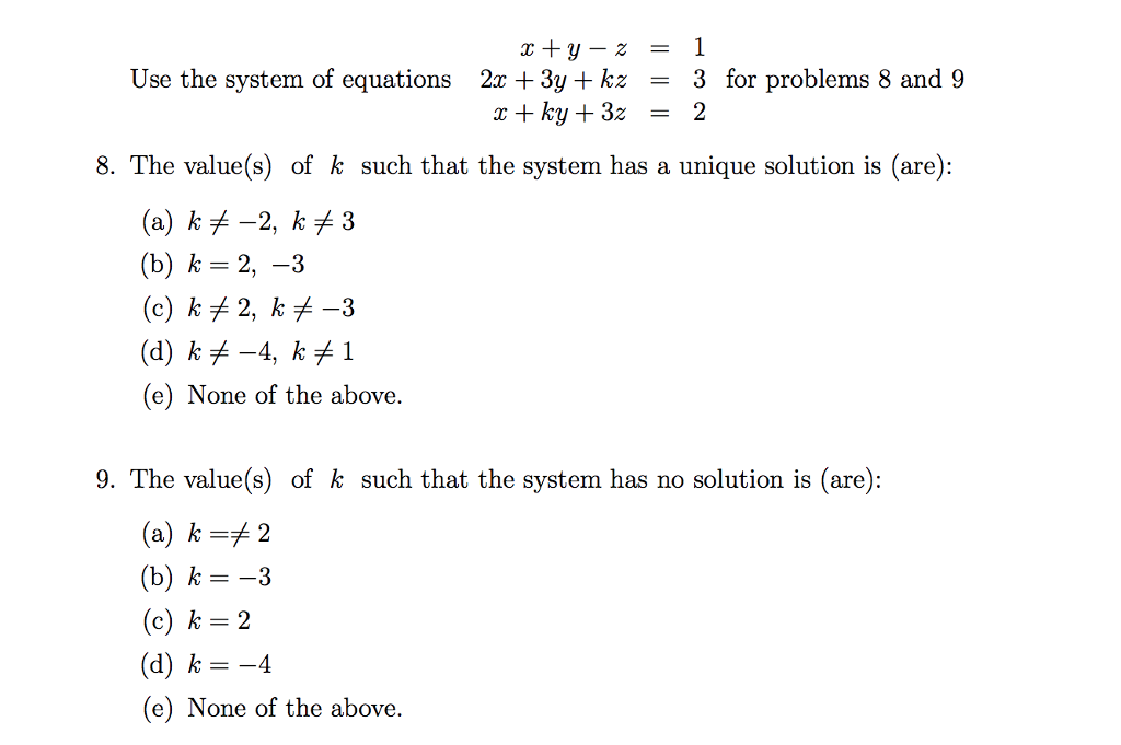 Solved Use the system of equations 2x + 3y + kz 3 for | Chegg.com