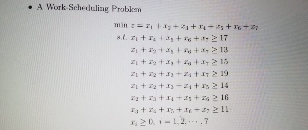 Solved . A Work-Scheduling Problem min z = x1 + x2 + x3 + x4 | Chegg.com