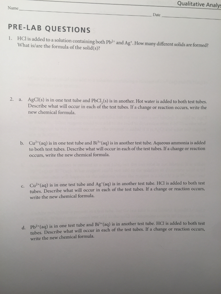 Solved Qualitative Analys Name Date PRE-LAB QUESTIONS 1. HCl | Chegg.com