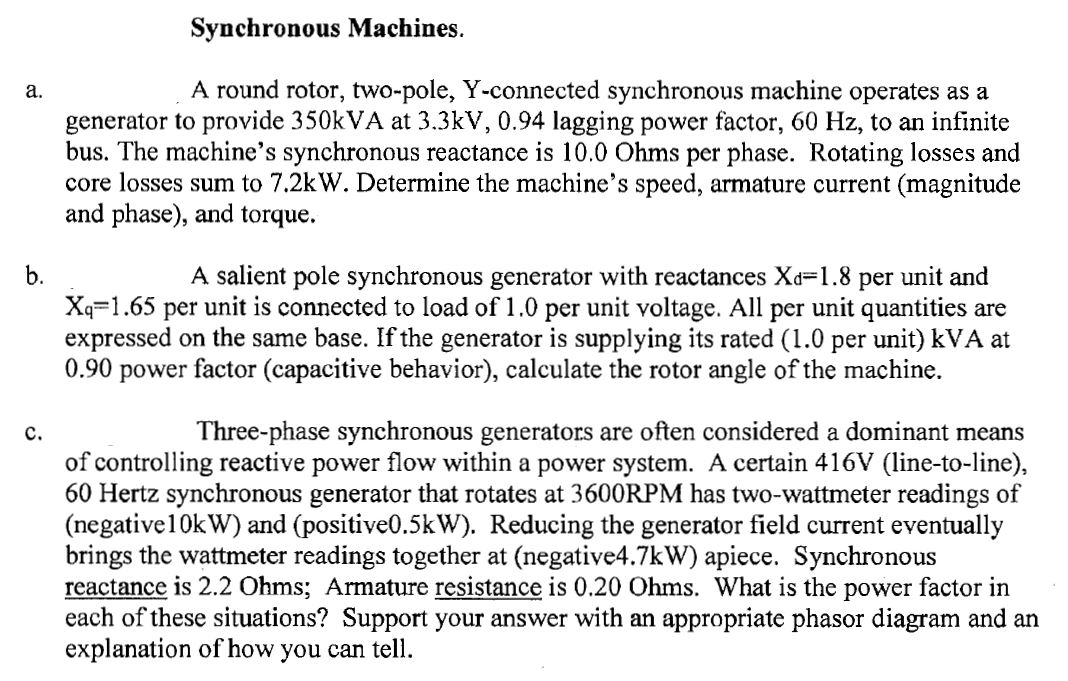 Solved Synchronous Machines. A round rotor, two-pole, | Chegg.com
