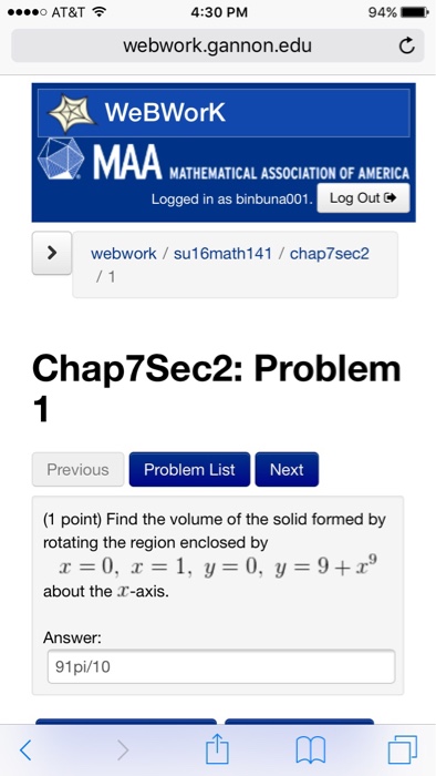 Solved AT&T令 4:30 PM 94% webwork.gannon.edu WeBWorK | Chegg.com