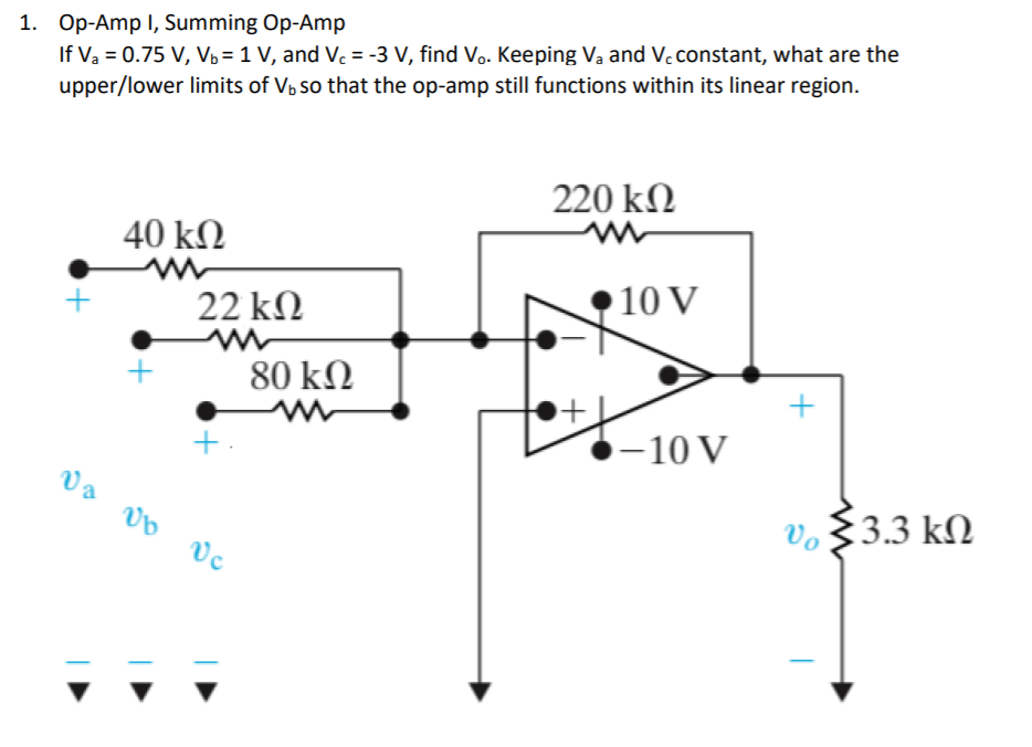 Solved 1. Op-Amp I, Summing Op-Amp If Va 0.75 V, Vb 1 V, and | Chegg.com