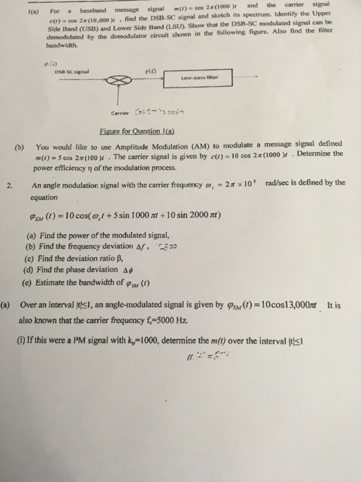Solved For a baseband message signal m(t) = cos 2 pi (1000)t | Chegg.com
