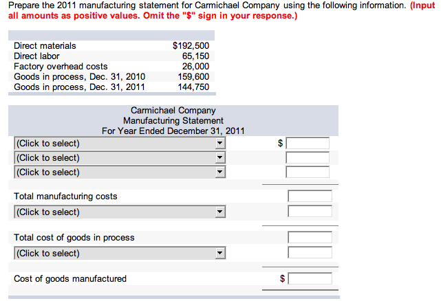 Solved Prepare the 2011 manufacturing statement for | Chegg.com