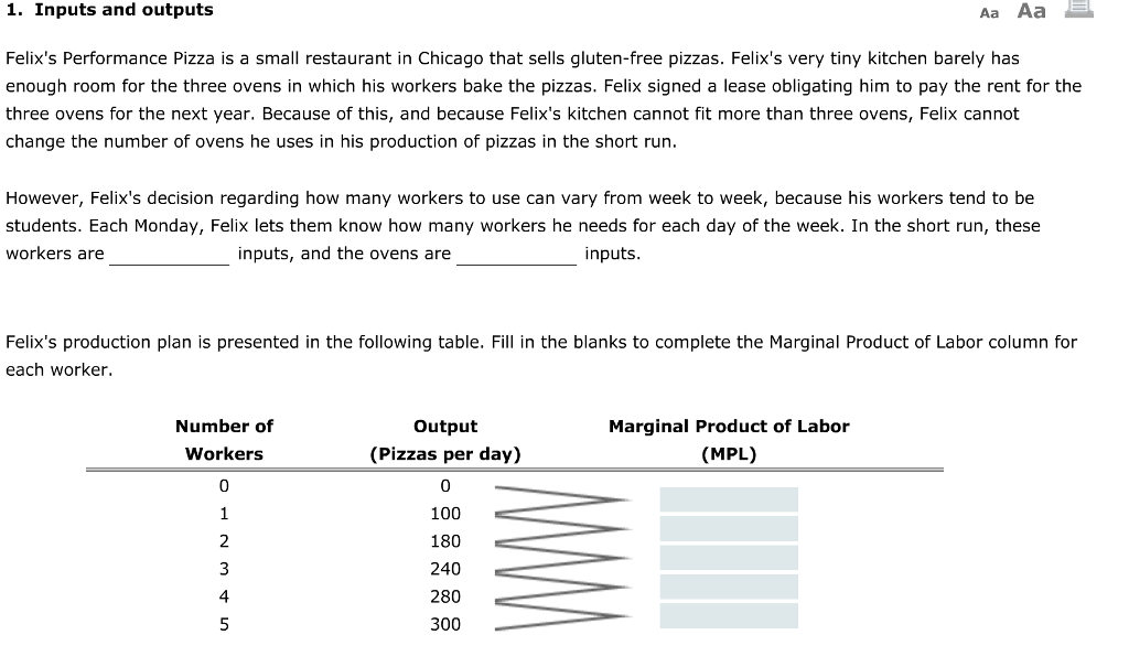 Solved 1. Inputs and outputs Aa Aa Felix's Performance Pizza | Chegg.com