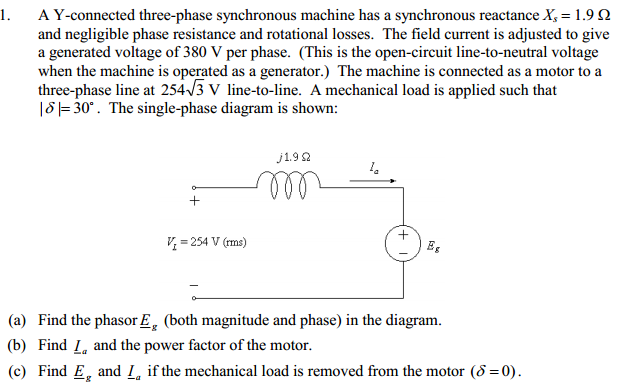 Solved l. A Y-connected three-phase synchronous machine has | Chegg.com