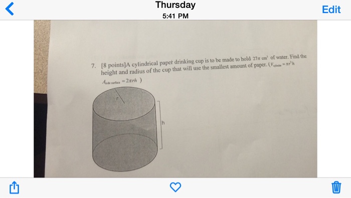 Solved A cylindrical paper drinking cup is to be made to | Chegg.com