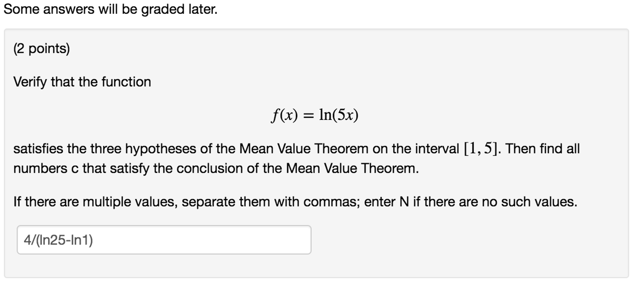 Solved Verify that the function f(x) = ln(5x) satisfies the | Chegg.com