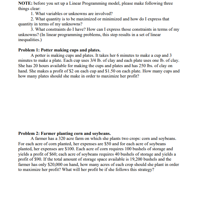 Solved NOTE: before you set up a Linear Programming model, | Chegg.com