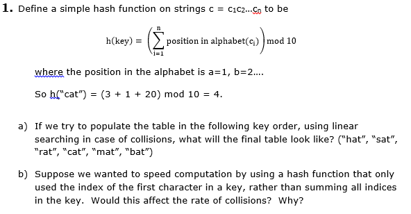 Solved Define a simple hash function on strings C = | Chegg.com