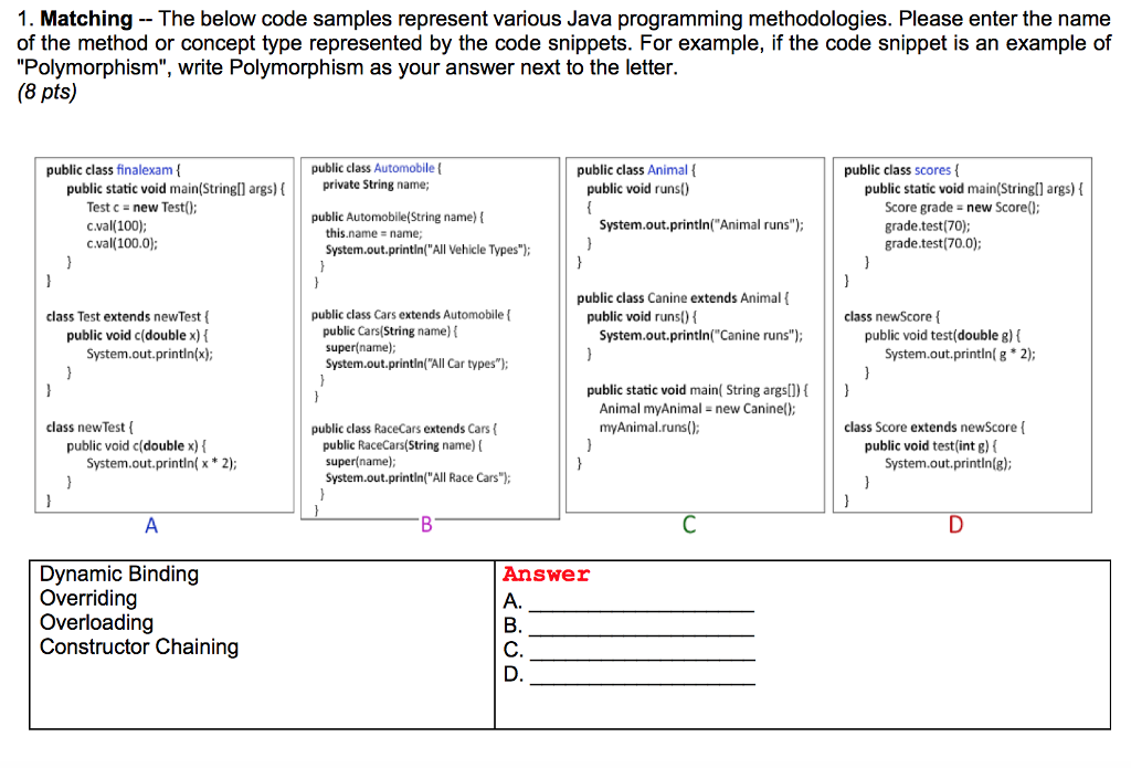 Solved The below code samples represent various Java | Chegg.com