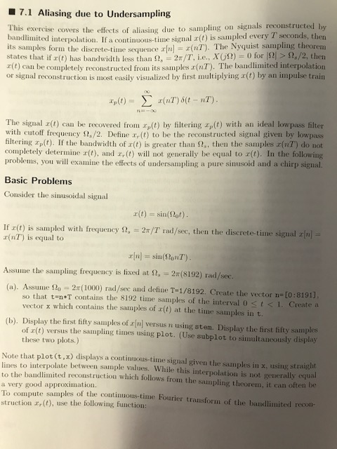 7.1 Aliasing due to Undersampling This exercise | Chegg.com
