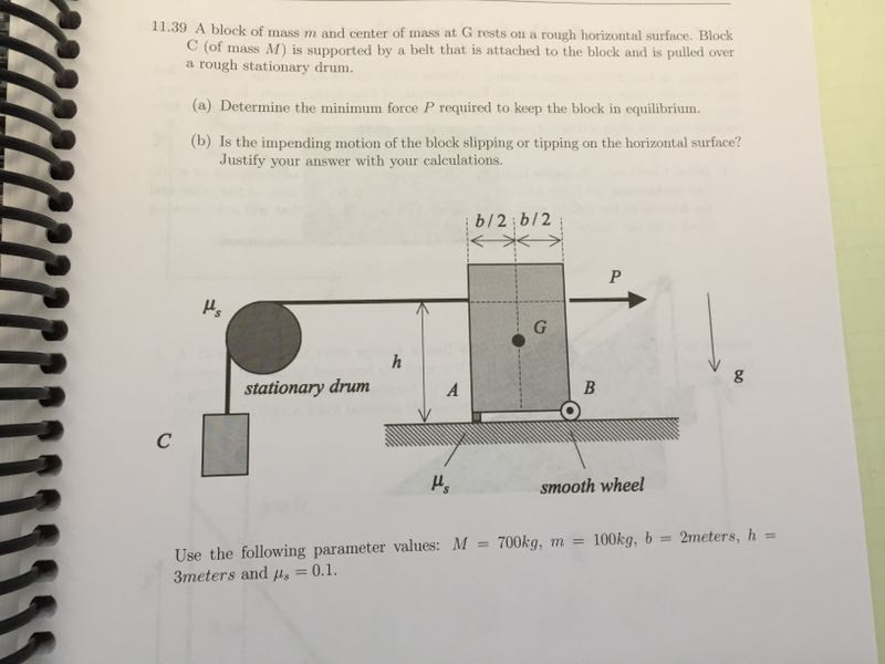 Solved 11.39 A block of mass m and center of mass at G rests | Chegg.com