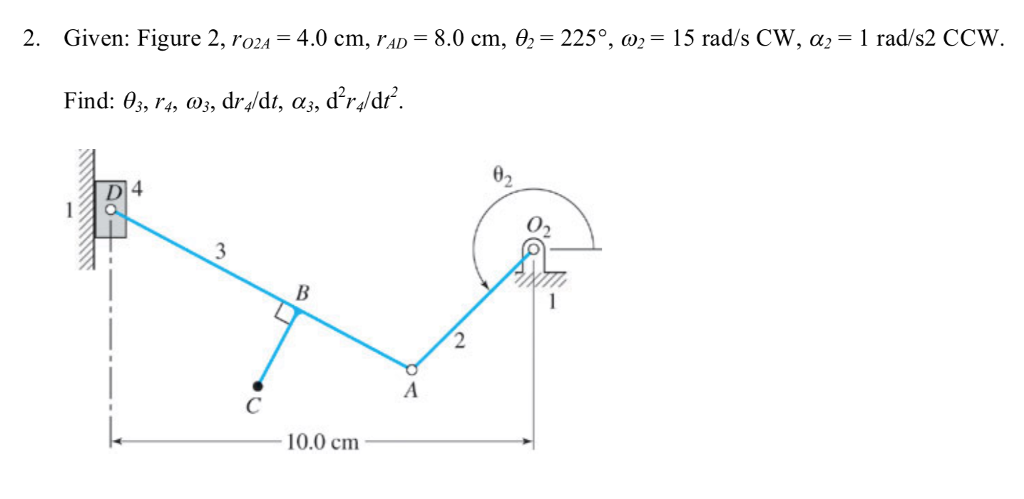 Solved 225°, ω,-15 rad's CW, α2-1 rad/s2 CCW 2. Given : | Chegg.com