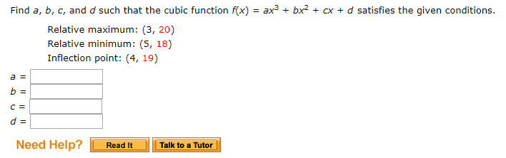 Solved Find a, b, c, and d such that the cubic function f(x) | Chegg.com