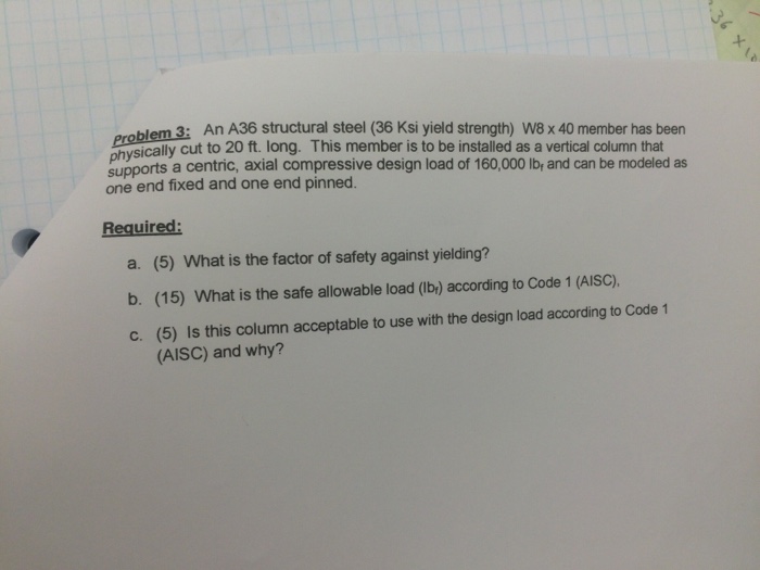Solved An A36 structural steel (36 Ksi yield strength) W8 x | Chegg.com