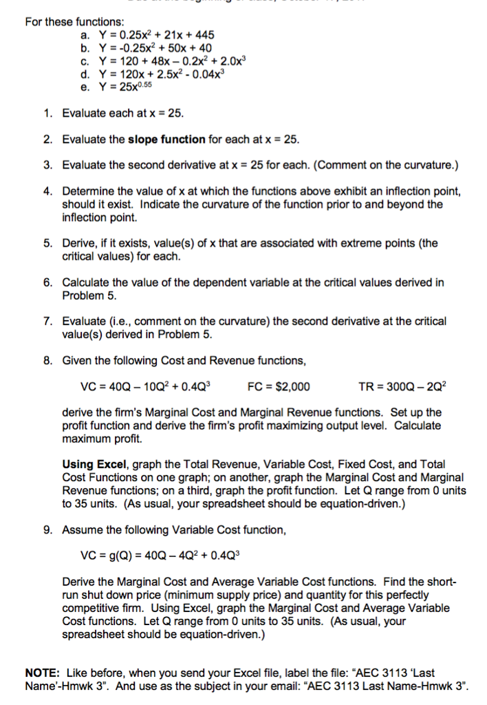 Solved For these functions a. Y = 0.25x' + 21x + 445 b. Y | Chegg.com