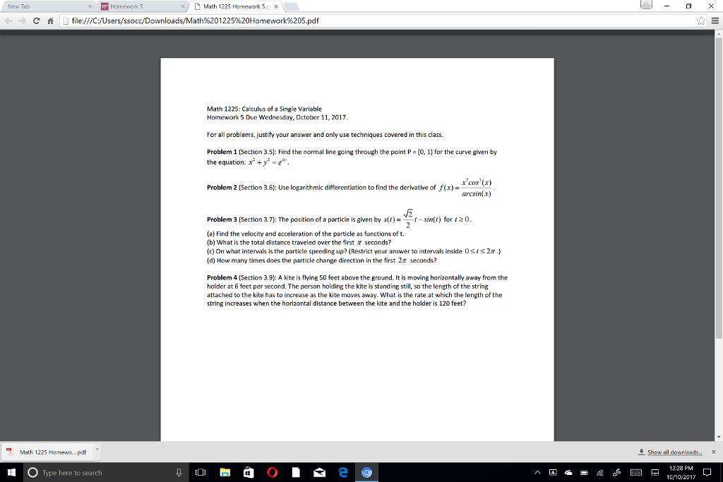 Solved New Tab Homework 5 Math 1225 Hamework 5.p x e f | Chegg.com