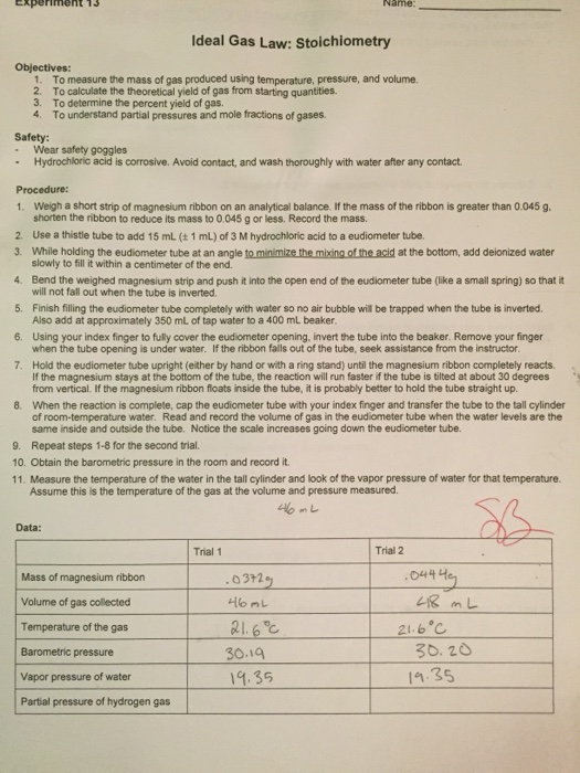Solved Ideal Gas Law: Stoichiometry Objectives: 1. To | Chegg.com