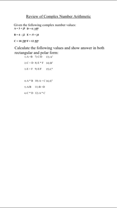 Solved Given the following complex number values: Calculate | Chegg.com